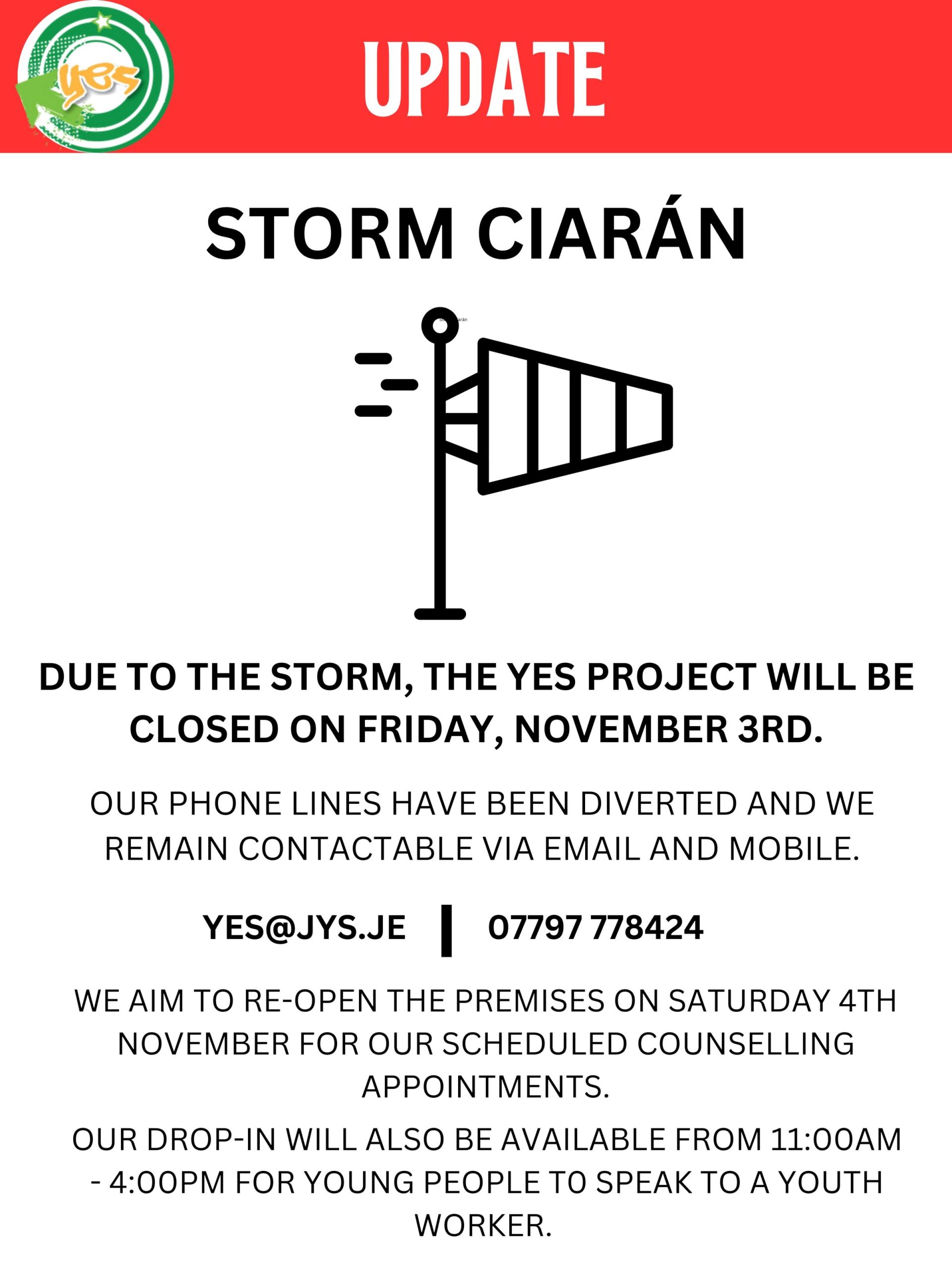 IMPORTANT UPDATE: Storm Ciarán - Youth Enquiry Service